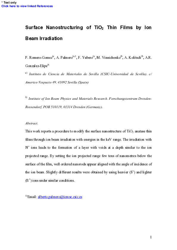 (PDF) Surface nanostructuring of TiO2 thin films by ion beam irradiation