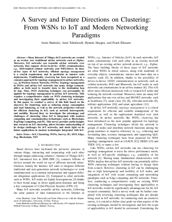(PDF) A Survey and Future Directions on Clustering: From WSNs to IoT and Modern Networking Paradigms