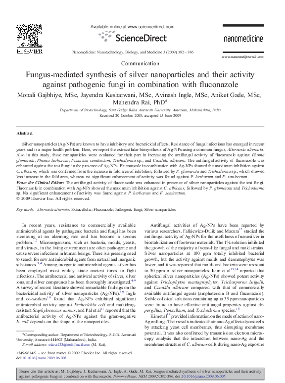 (PDF) Fungus-mediated synthesis of silver nanoparticles and their activity against pathogenic ...