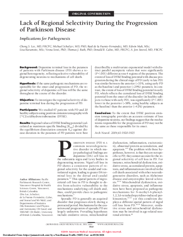 (PDF) Lack of Regional Selectivity During the Progression of Parkinson ...