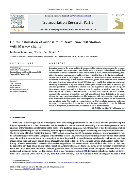 (PDF) On the estimation of arterial route travel time distribution with Markov chains | Mohsen ...