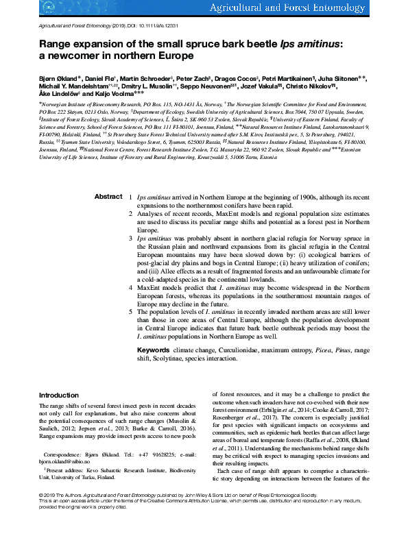 (PDF) Range expansion of the small spruce bark beetle Ips amitinus : a ...