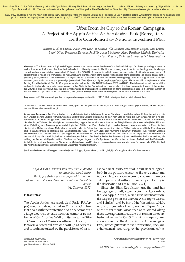 (PDF) Urbs: From the City to the Roman Campagna. A Project of the Appia Antica Archaeological ...