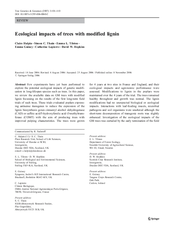 (PDF) Ecological impacts of trees with modified lignin