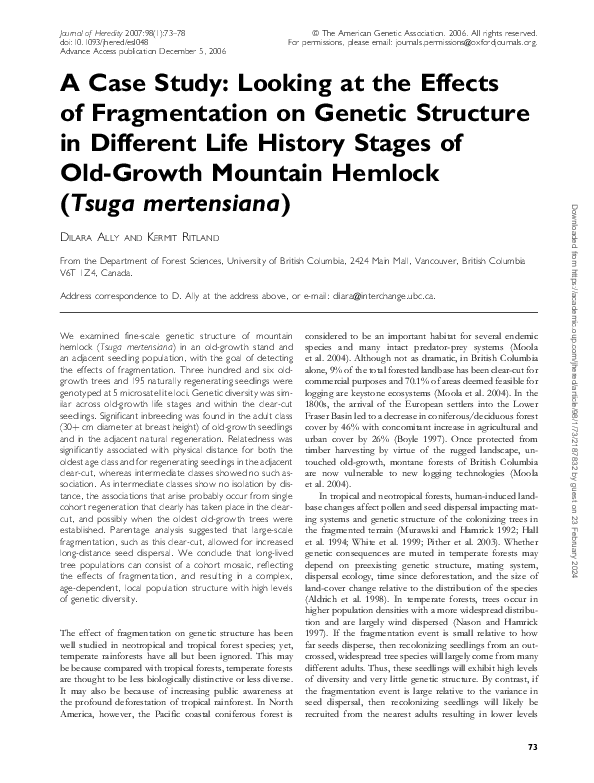 (PDF) A Case Study: Looking at the Effects of Fragmentation on Genetic ...