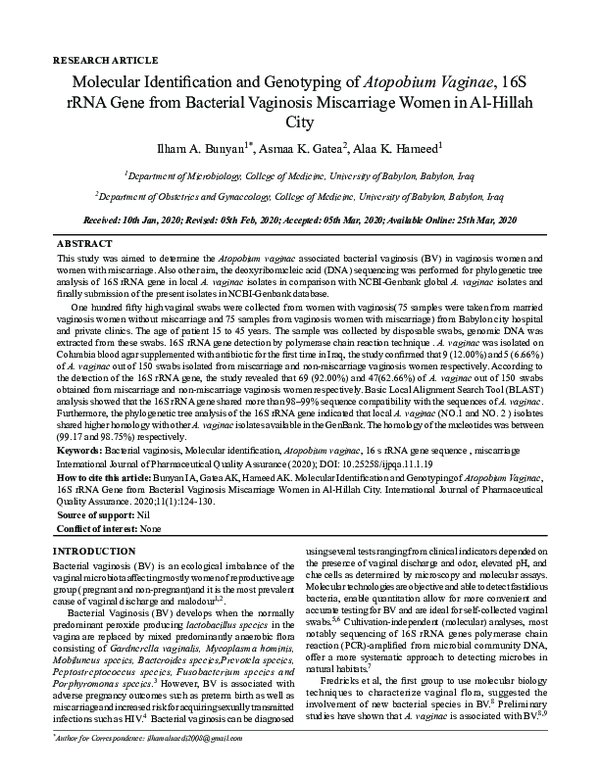 (PDF) Molecular Identification and Genotyping of Atopobium Vaginae, 16S ...