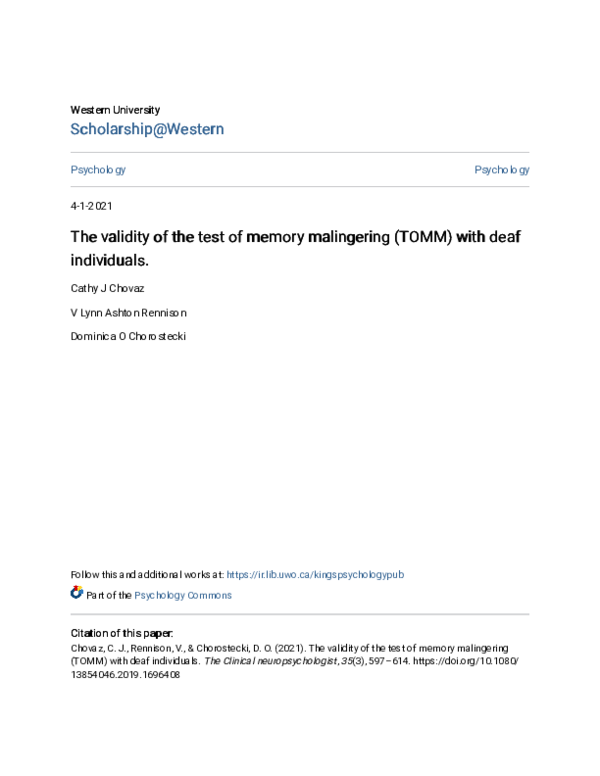 (PDF) The validity of the test of memory malingering (TOMM) with deaf ...