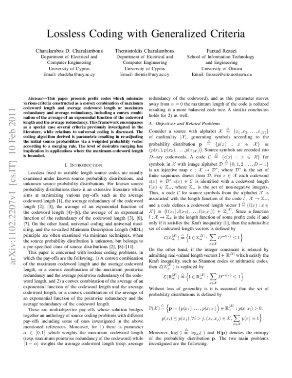 (PDF) Lossless Coding with Generalised Criteria