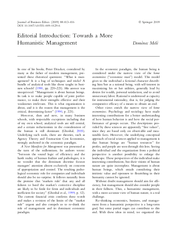 (PDF) Editorial Introduction: Towards a More Humanistic Management
