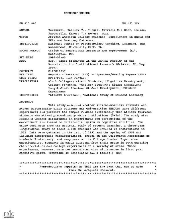 (PDF) African American College Students' Experiences in HBCUs and PWIs ...