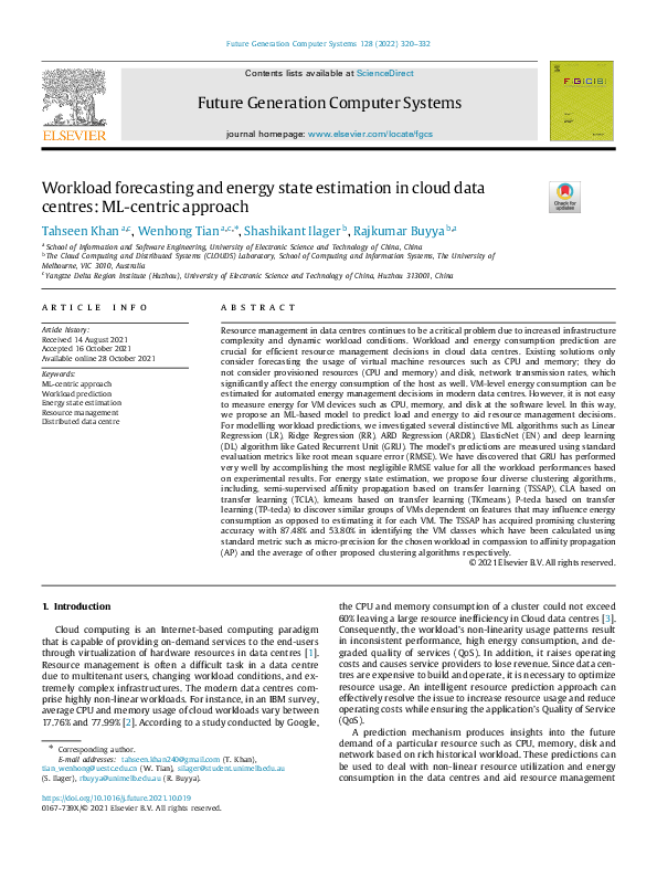 (PDF) Workload forecasting and energy state estimation in cloud data centres: ML-centric approach