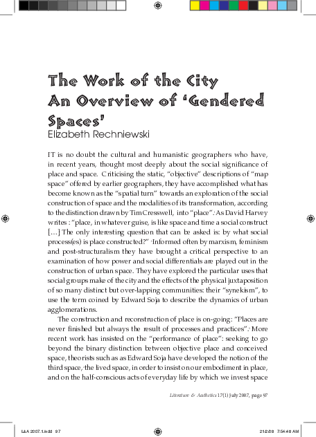 (PDF) The Work of the City: An Overview of 'Gendered Spaces