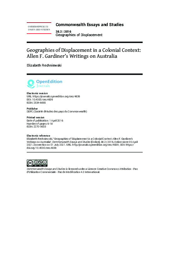 (PDF) Geographies of Displacement in a Colonial Context: Allen F. Gardiner’s Writings on Australia