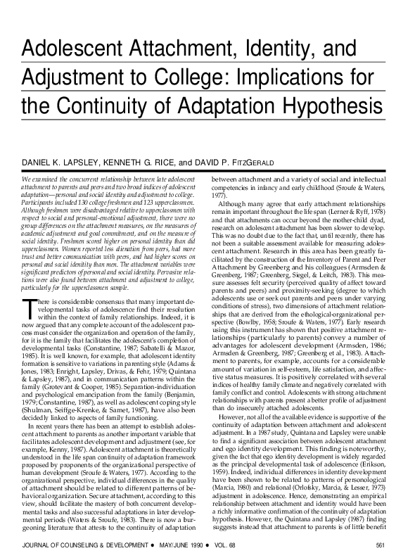 (PDF) Adolescent Attachment, Identity, and Adjustment to College ...