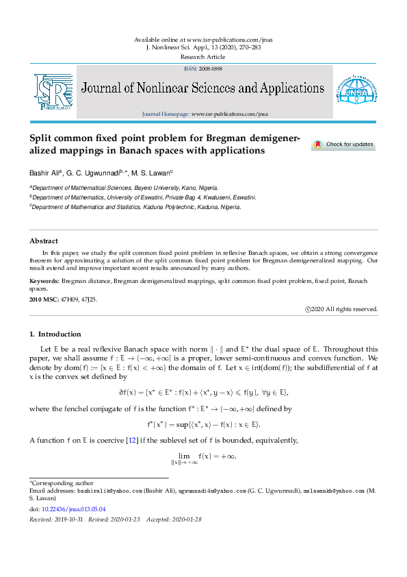 (PDF) Split common fixed point problem for Bregman demigeneralized mappings in Banach spaces ...
