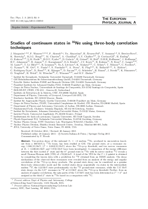 (PDF) Studies of continuum states in 16 Ne using three-body correlation ...