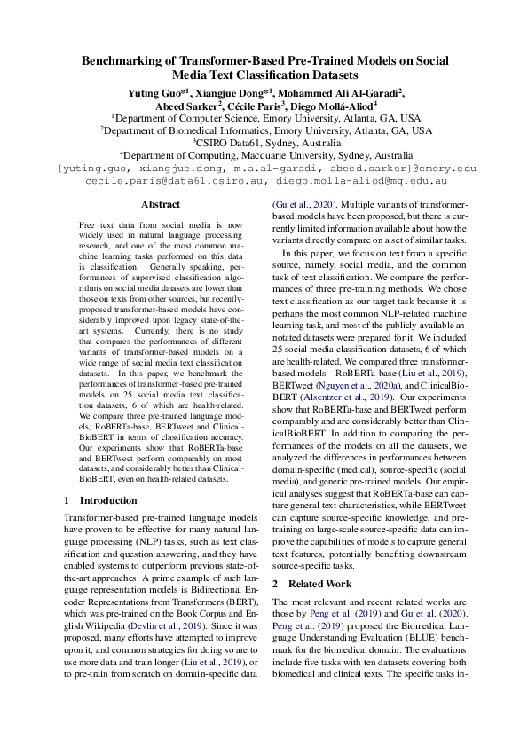 (PDF) Benchmarking of Transformer-Based Pre-Trained Models on Social Media Text Classification ...