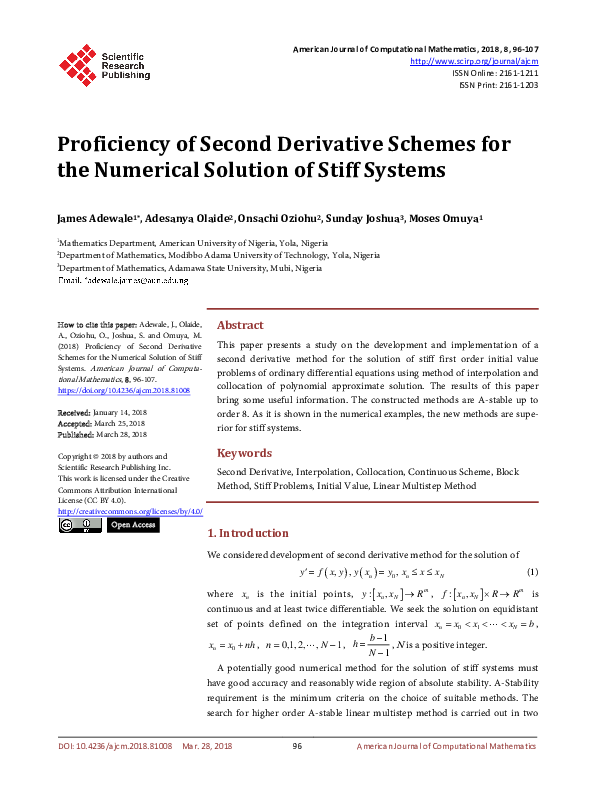(PDF) Proficiency of Second Derivative Schemes for the Numerical Solution of Stiff Systems