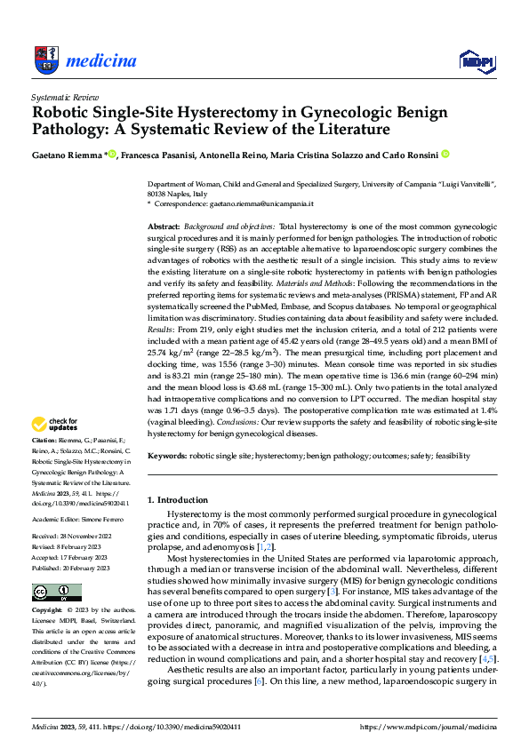 (PDF) Robotic Single-Site Hysterectomy in Gynecologic Benign Pathology: A Systematic Review of ...