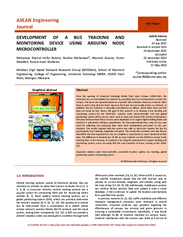 (PDF) Development of a Bus Tracking and Monitoring Device Using Arduino Node Microcontroller