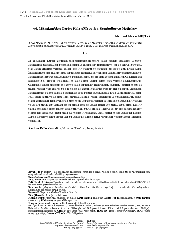 (PDF) Makale: "Mitraizm'den Geriye Kalan Tapınaklar, Semboller ve Metinler