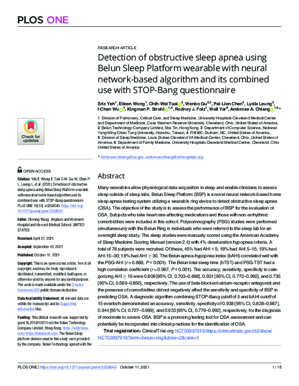 (PDF) Detection of obstructive sleep apnea using Belun Sleep Platform wearable with neural ...