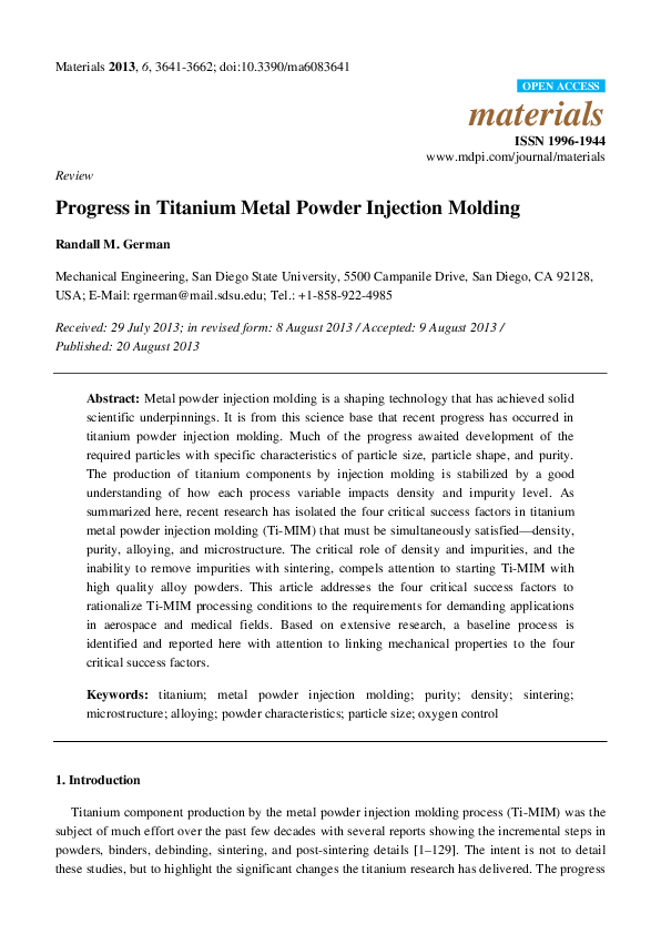 (PDF) Progress in Titanium Metal Powder Injection Molding