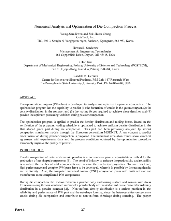 (PDF) Numerical analysis and optimization of die compaction process