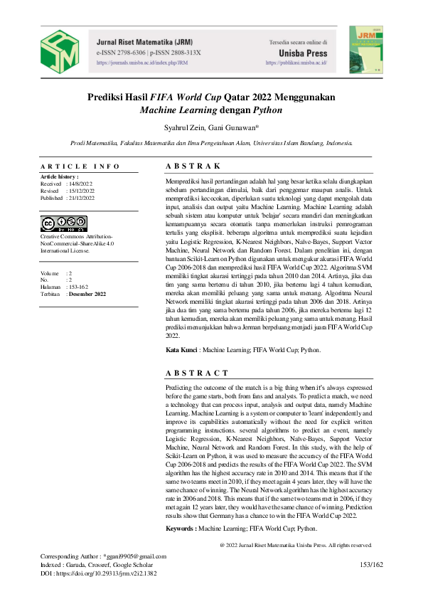 (PDF) Prediksi Hasil FIFA World Cup Qatar 2022 Menggunakan Machine Learning dengan Python
