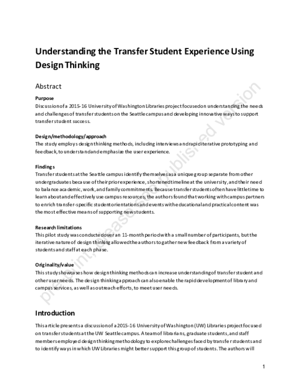 (PDF) Understanding the transfer student experience using design thinking