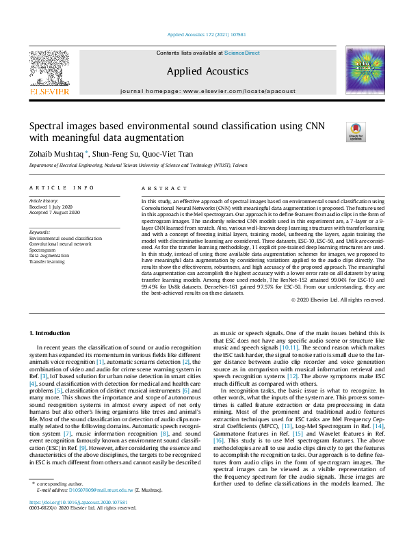 (PDF) Spectral images based environmental sound classification using CNN with meaningful data ...