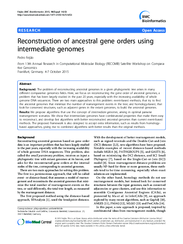 (PDF) Reconstruction of ancestral gene orders using intermediate genomes