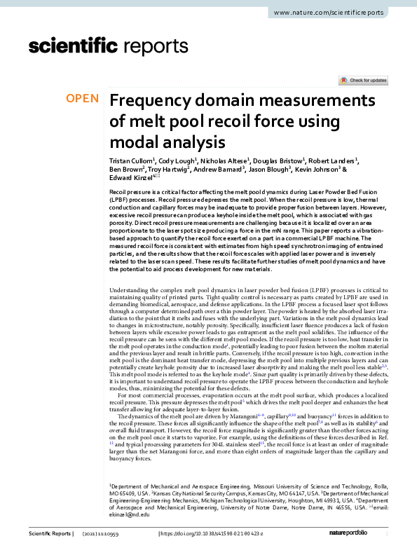 (PDF) Frequency domain measurements of melt pool recoil force using modal analysis | Troy ...
