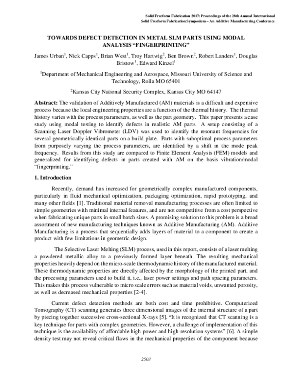 (PDF) Towards Defect Detection in Metal SLM Parts Using Modal Analysis ...
