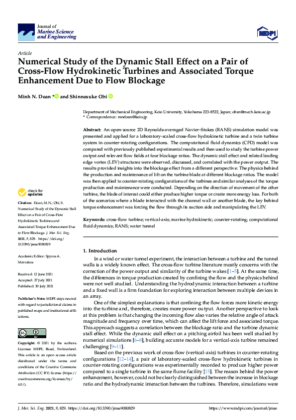 (PDF) Numerical Study of the Dynamic Stall Effect on a Pair of Cross-Flow Hydrokinetic Turbines ...