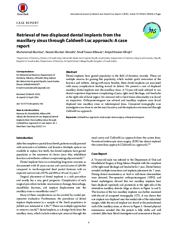 (PDF) Retrieval of two displaced dental implants from the maxillary ...