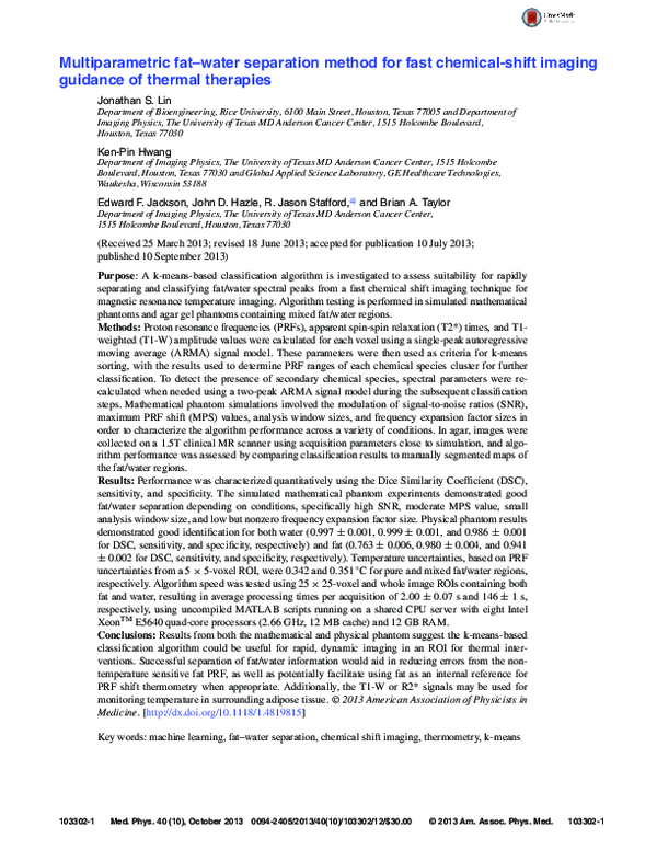(PDF) Multiparametric fat–water separation method for fast chemical ...