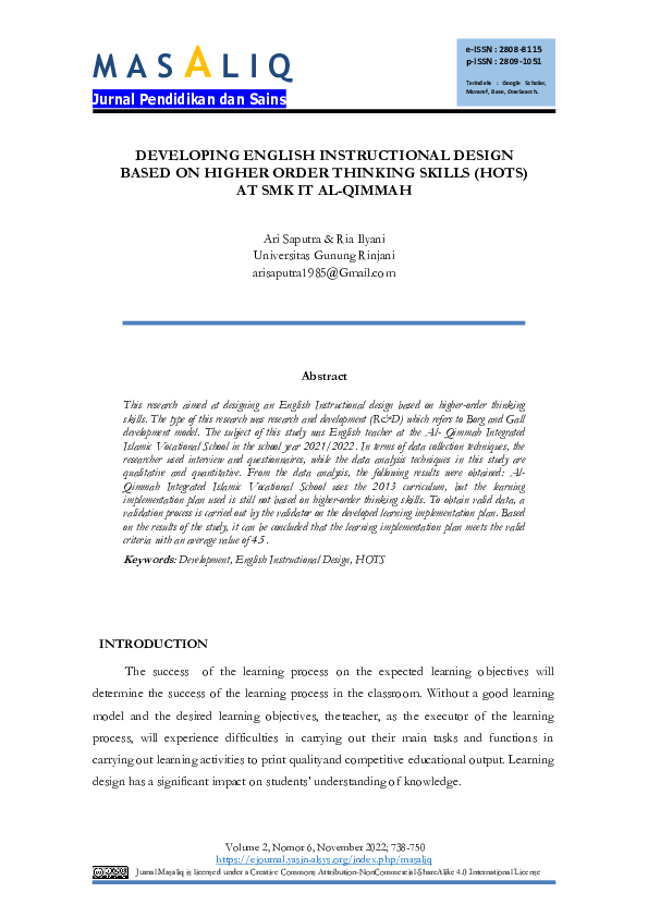 (PDF) Developing English Instructional Design Based on Higher Order Thinking Skills (HOTS) at ...