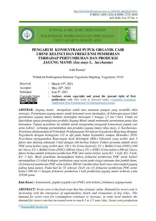 (PDF) PENGARUH KONSENTRASI PUPUK ORGANIK CAIR URINE KELINCI DAN FREKUENSI PEMBERIAN TERHADAP ...