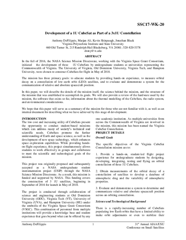 (PDF) Development of a 1U CubeSat as Part of a 3x1U Constellation