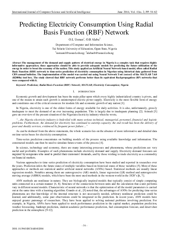 Pdf Predicting Electricity Consumption Using Radial Basis Function