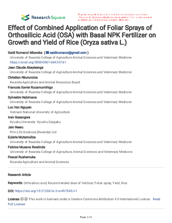 Pdf Effect Of Combined Application Of Foliar Sprays Of Orthosilicic