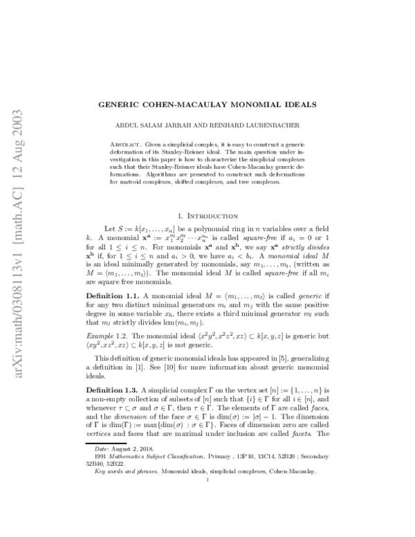(PDF) Generic Cohen-Macaulay Monomial Ideals