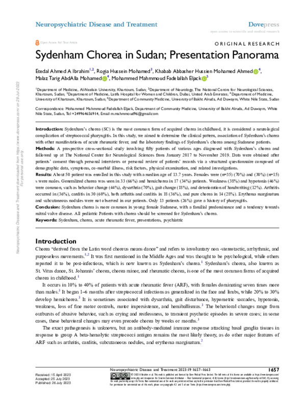(PDF) Sydenham Chorea in Sudan; Presentation Panorama