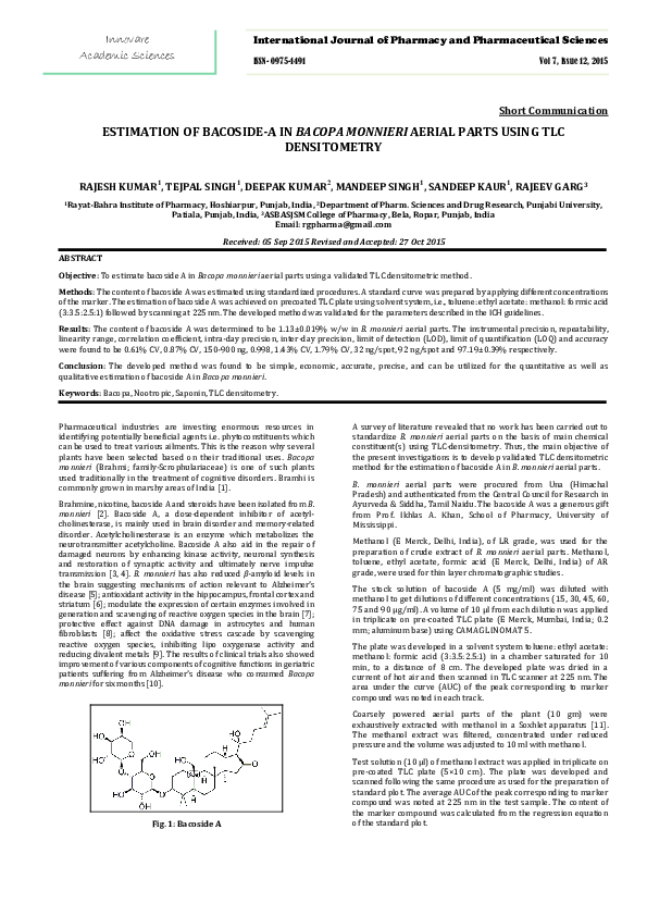 (PDF) ESTIMATION OF BACOSIDE-A IN BACOPA MONNIERI AERIAL PARTS USING TLC DENSITOMETRY Short ...