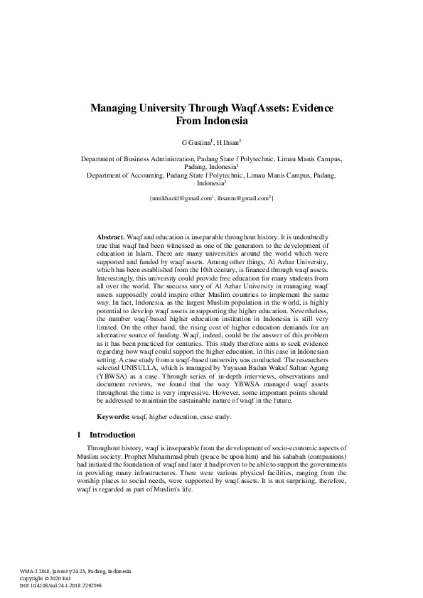 (PDF) Managing University Through Waqf Assets: Evidence From Indonesia