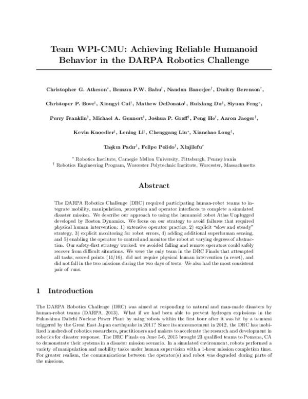 (PDF) Team WPI‐CMU: Achieving Reliable Humanoid Behavior in the DARPA ...