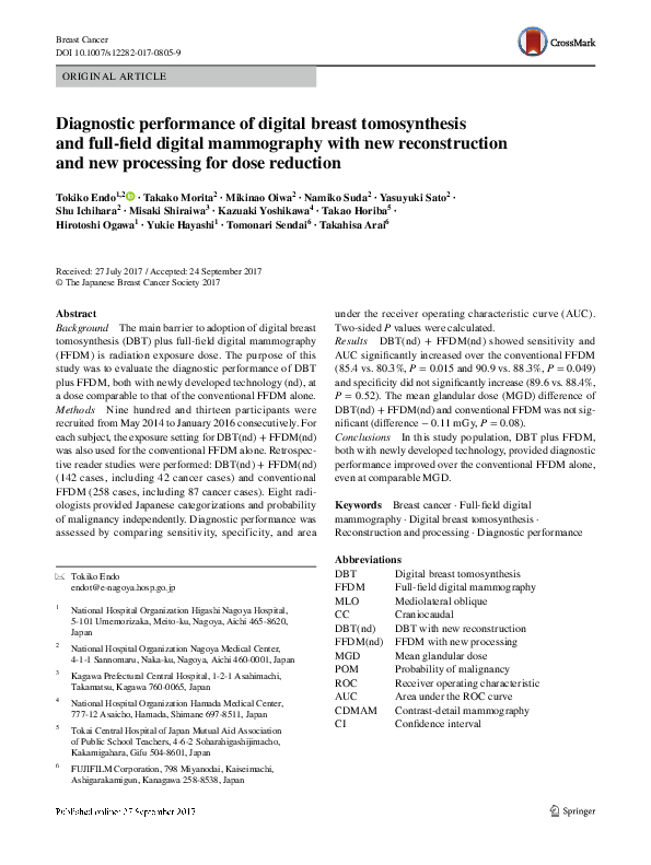 (PDF) Diagnostic performance of digital breast tomosynthesis with a wide scan angle compared to ...