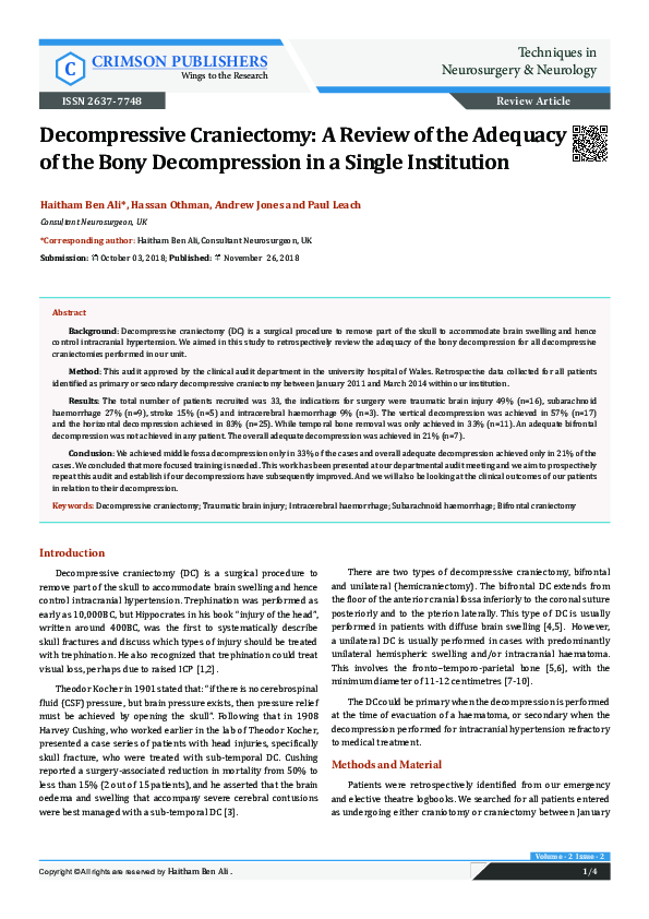 (PDF) Decompressive Craniectomy: A Review of the Adequacyof the Bony ...