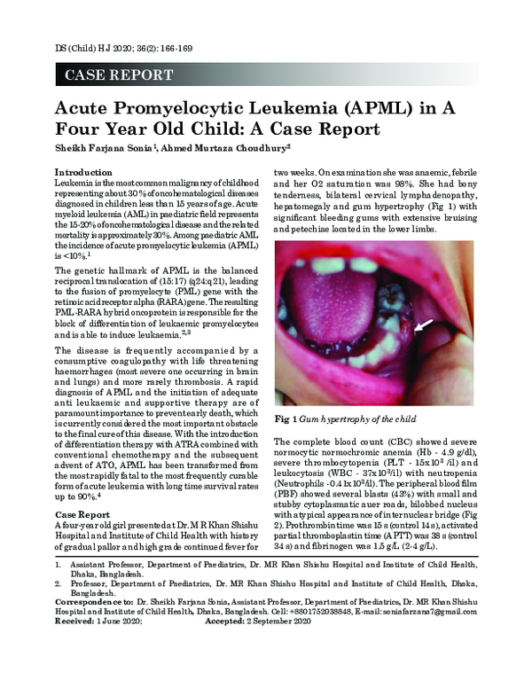 (PDF) Acute Promyelocytic Leukemia (APML) in A Four Year Old Child: A ...